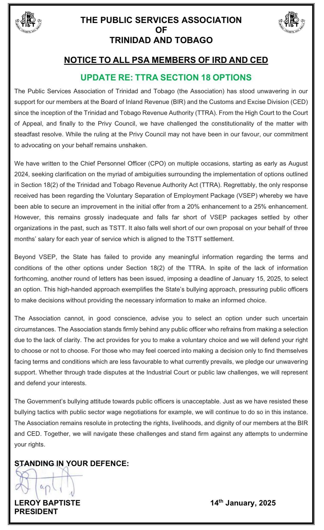 Update Re: TTRA Section 18 Options - Public Services Association